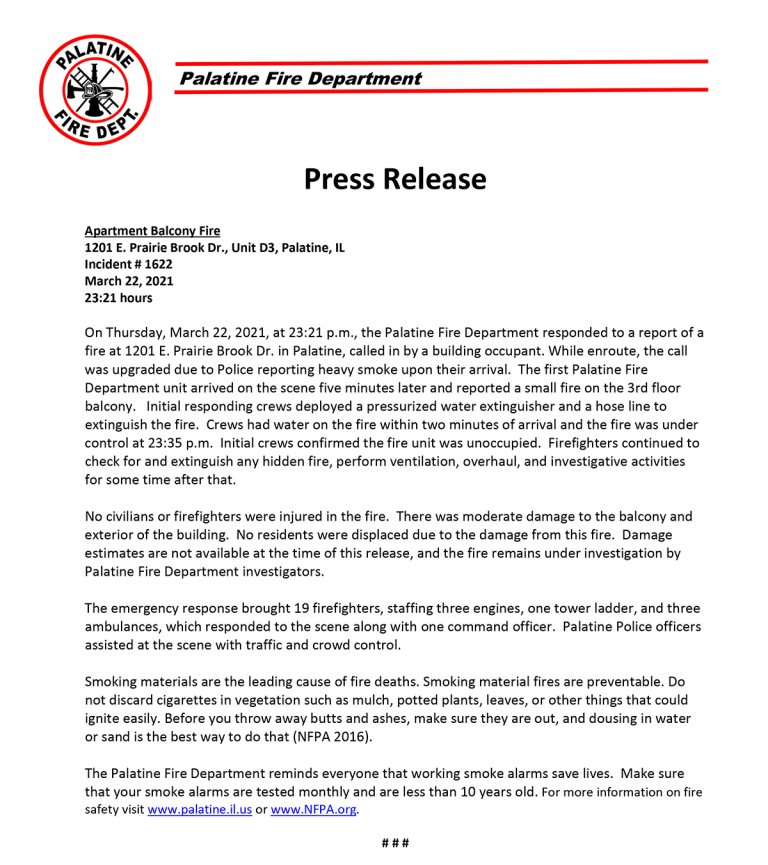 Palatine Fire Department press release « chicagoareafire.com