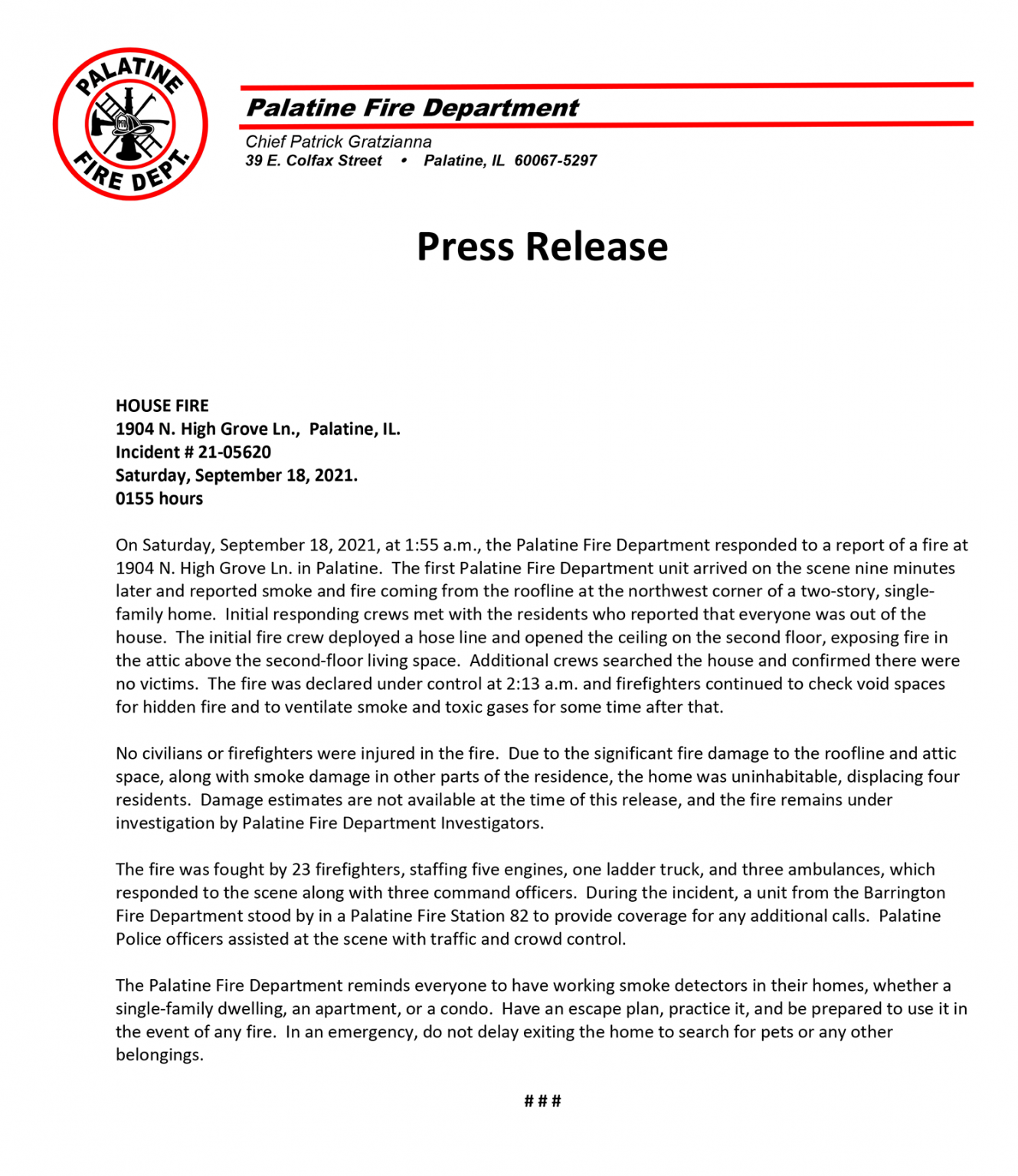 Palatine Fire Department press release « chicagoareafire.com
