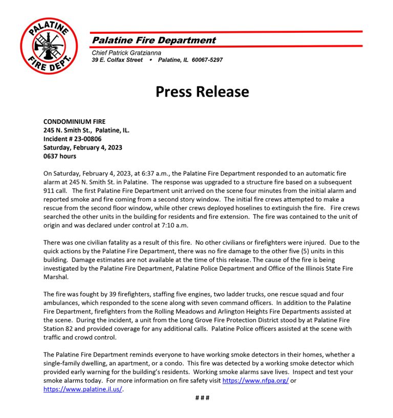 Palatine Fire Department press release « chicagoareafire.com